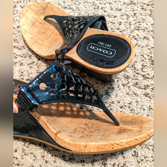 Coach | Shoes | Coach Black Patent Leather Wedge Logo Brookk Sandals ...